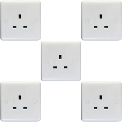 5 PACK 1 Gang Single 13A Unswitched UK Plug Socket - WHITE Wall Power ...