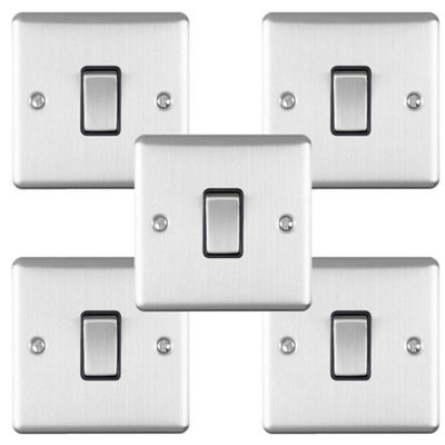 5 PACK 1 Gang Single Light Switch SATIN STEEL 2 Way 10A Black Trim ...