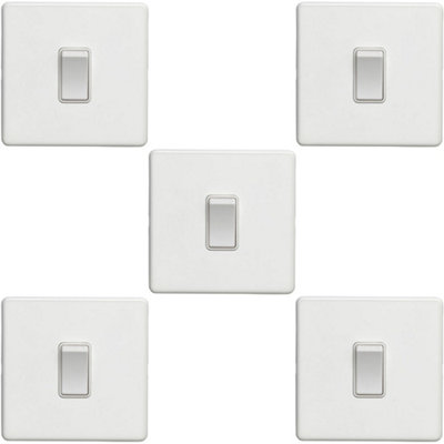 5 PACK 1 Gang Single Light Switch SCREWLESS MATT WHITE 2 Way 10A Slim ...