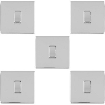 5 PACK 1 Gang Single Light Switch SCREWLESS POLISHED CHROME 2 Way 10A ...