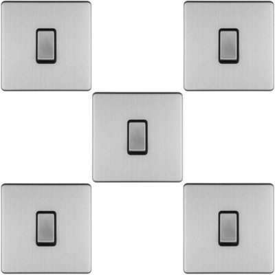 5 PACK 1 Gang Single Light Switch SCREWLESS SATIN STEEL 2 Way 10A Slim ...