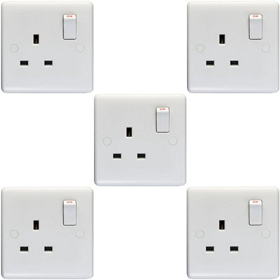 5 PACK 1 Gang Single Pole 13A Switched UK Plug Socket - WHITE Wall ...