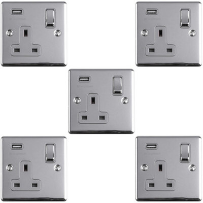 5 PACK 1 Gang Single UK Plug Socket & 2.1A USB-A CHROME & GREY 13A ...