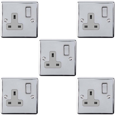 5 PACK 1 Gang Single UK Plug Socket POLISHED CHROME 13A Switched GREY ...