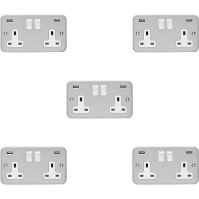 5 PACK 2 Gang 13A Switched UK Plug Socket & 2.1A USB-A HEAVY DUTY METAL ...