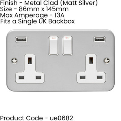 5 PACK 2 Gang 13A Switched UK Plug Socket & 2.1A USB-A HEAVY DUTY METAL ...