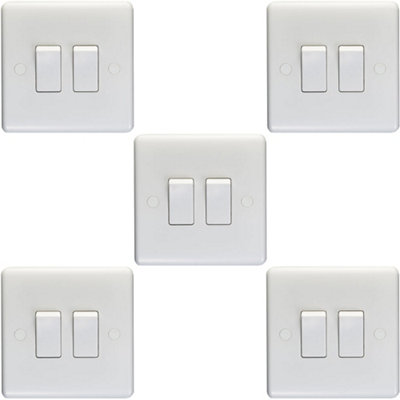 5 PACK 2 Gang Double 10A Light Switch 2 Way - WHITE PLASTIC Wall Plate ...