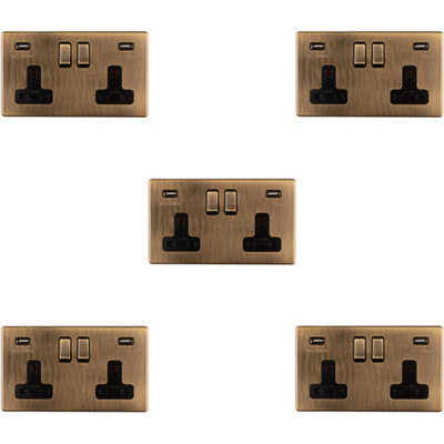 5 PACK 2 Gang Double 13A UK Plug Socket & 2.1A USB-A SCREWLESS ANTIQUE ...