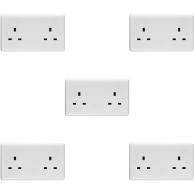 5 PACK 2 Gang Double 13A Unswitched UK Plug Socket - WHITE Wall Power ...