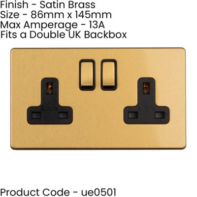 5 PACK 2 Gang Double DP 13A Switched UK Plug Socket SCREWLESS SATIN ...
