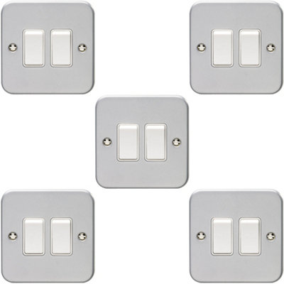 5 PACK 2 Gang Double Light Switch 2 Way 10A HEAVY DUTY METAL CLAD ...