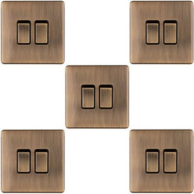 5 PACK 2 Gang Double Light Switch SCREWLESS ANTIQUE BRASS 2 Way 10A ...