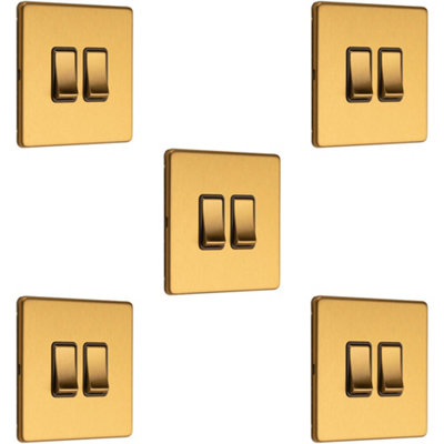 5 PACK 2 Gang Double Light Switch SCREWLESS SATIN BRASS 2 Way 10A Slim ...