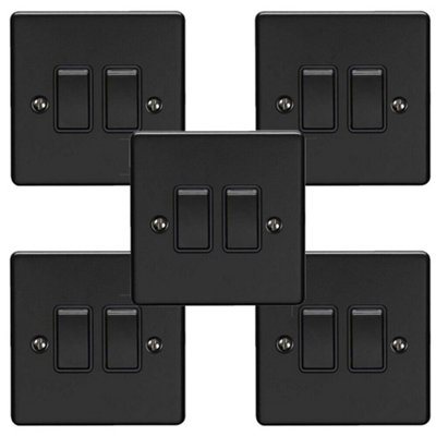 5 PACK 2 Gang Double Metal Light Switch MATT BLACK 2 Way 10A Black Trim ...