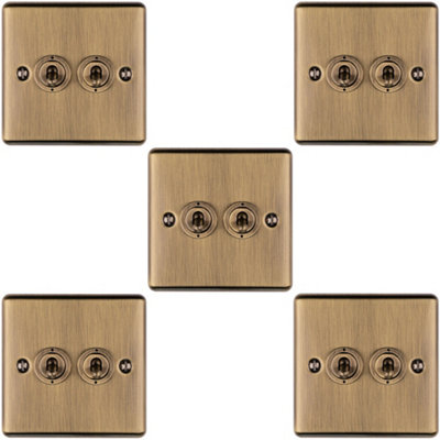 5 PACK 2 Gang Double Retro Toggle Light Switch ANTIQUE BRASS 10A 2 Way ...