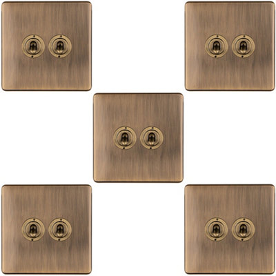 5 PACK 2 Gang Double Retro Toggle Light Switch SCREWLESS ANTIQUE BRASS ...