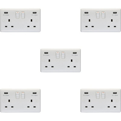 5 PACK 2 Gang Double UK Plug Socket & 2.1A USB-A Charger WHITE 13A Switched