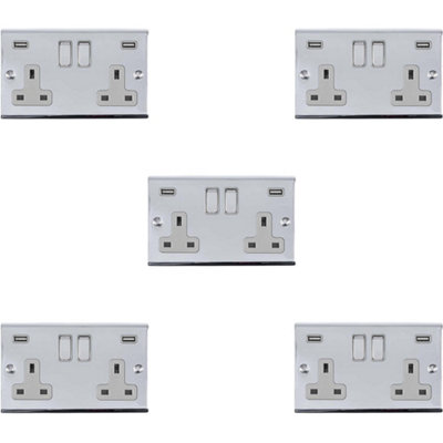 5 PACK 2 Gang Double UK Plug Socket & 2.1A USB-A CHROME & GREY 13A ...