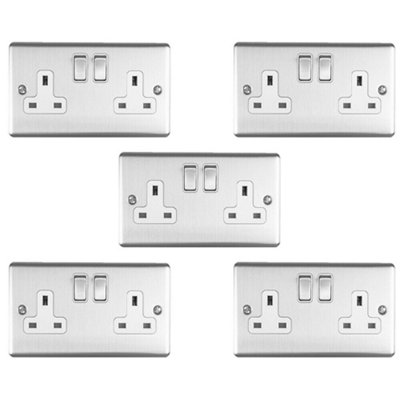 5 PACK 2 Gang Double UK Plug Socket SATIN STEEL & White 13A Switched ...