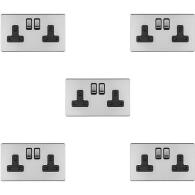 5 PACK 2 Gang DP 13A Switched UK Plug Socket SCREWLESS SATIN STEEL Wall ...