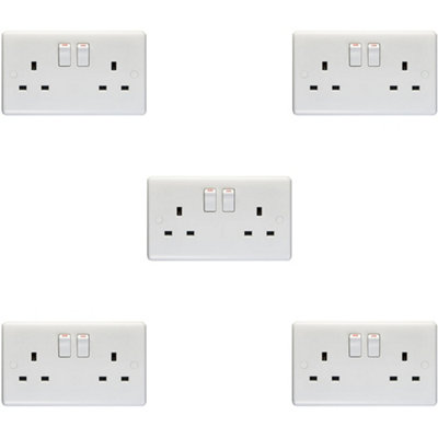 5 PACK 2 Gang Single Pole 13A Switched UK Plug Socket WHITE Double ...