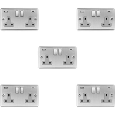 5 PACK 2 Gang UK Plug Socket & 2x 3.1A USB-C & A SATIN STEEL & GREY 13A ...