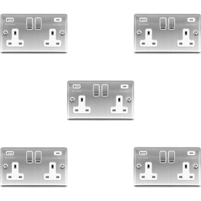 5 PACK 2 Gang UK Plug Socket & 2x 3.1A USB-C & A SATIN STEEL & WHITE ...