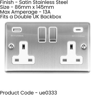5 PACK 2 Gang UK Plug Socket & 2x 3.1A USB-C & A SATIN STEEL & WHITE ...