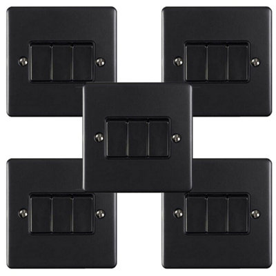 5 PACK 3 Gang Metal Triple Light Switch MATT BLACK 2 Way 10A Black Trim ...