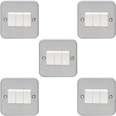 5 PACK 3 Gang Triple Light Switch 2 Way 10A HEAVY DUTY METAL CLAD ...