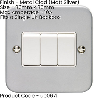 5 PACK 3 Gang Triple Light Switch 2 Way 10A HEAVY DUTY METAL CLAD ...