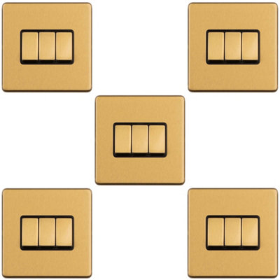 5 PACK 3 Gang Triple Light Switch SCREWLESS SATIN BRASS 2 Way 10A Slim ...
