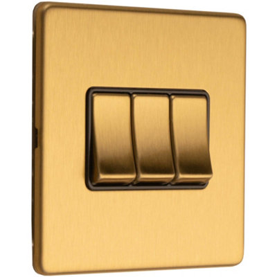 5 PACK 3 Gang Triple Light Switch SCREWLESS SATIN BRASS 2 Way 10A Slim ...