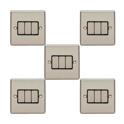 5 PACK 3 Gang Triple Metal Light Switch SATIN STEEL 2 Way 10A Black Trim