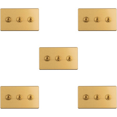 5 PACK 3 Gang Triple Retro Toggle Light Switch SCREWLESS SATIN BRASS ...