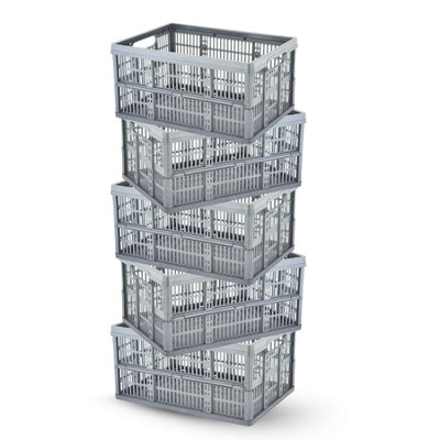 5 Pack 32 Litre Foldable Plastic Storage Crates Grey Collapsible ...