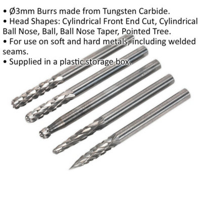 5 PACK - 3mm Micro Carbide Burr Bits Set - VARIOUS HEADS - Rotary Metal ...