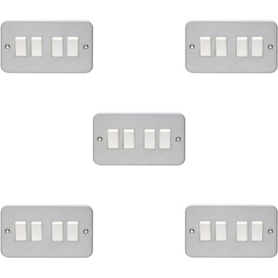5 PACK 4 Gang Quad Light Switch 2 Way 10A HEAVY DUTY METAL CLAD - White ...