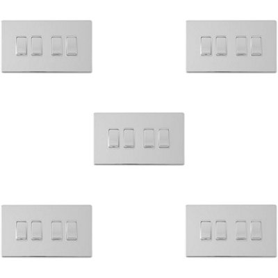 5 PACK 4 Gang QUAD Light Switch SCREWLESS POLISHED CHROME 2 Way 10A ...