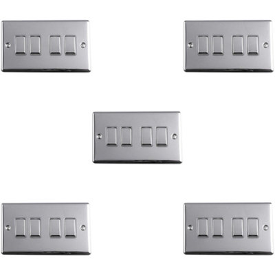 5 PACK 4 Gang Quad Metal Light Switch POLISHED CHROME 2 Way 10A GREY Trim
