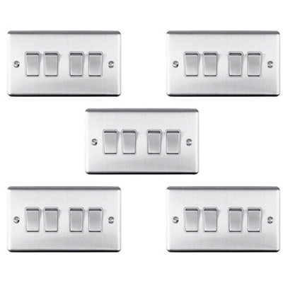 5 PACK 4 Gang Quad Metal Light Switch SATIN STEEL 2 Way 10A White Trim ...