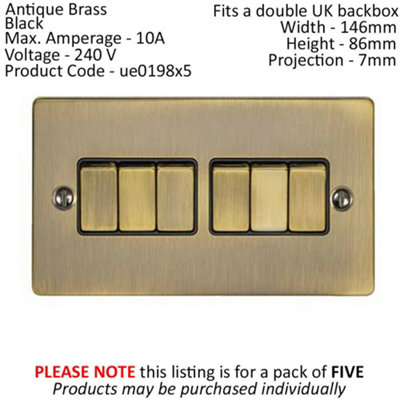 5 PACK 6 Gang Metal Multi Light Switch ANTIQUE BRASS 2 Way 10A Black Trim