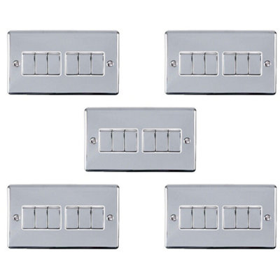 5 PACK 6 Gang Metal Multi Light Switch POLISHED CHROME 2 Way 10A White ...