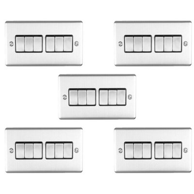 5 PACK 6 Gang Metal Multi Light Switch SATIN STEEL 2 Way 10A Black Trim