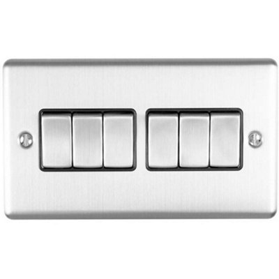 5 PACK 6 Gang Metal Multi Light Switch SATIN STEEL 2 Way 10A Black Trim