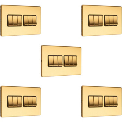 5 PACK 6 Gang Multi Light Switch SCREWLESS SATIN BRASS 2 Way 10A Slim ...