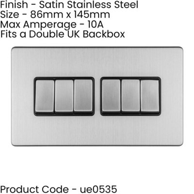 5 PACK 6 Gang Multi Light Switch SCREWLESS SATIN STEEL 2 Way 10A Slim ...