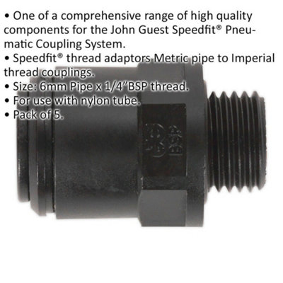 5 PACK - 6mm x 1/4" Straight Adapter Metric Pipe / Imp Thread Pneumatic ...
