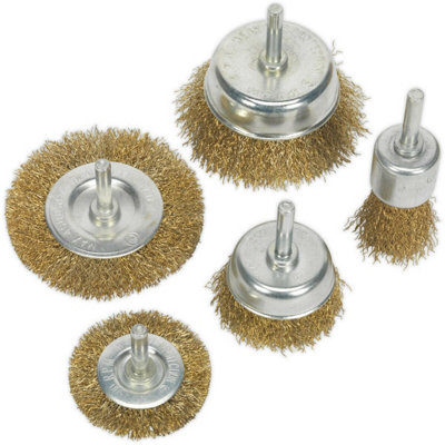 5 Pack Brassed Steel Wire Brush Set for Power Tools - 6mm Shaft, 4500 RPM