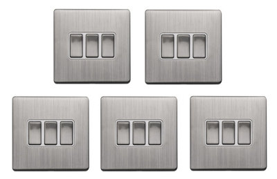 5 PACK BRUSHED STAINLESS STEEL SCREWLESS 10A 3 GANG 2 WAY LIGHT SWITCHES